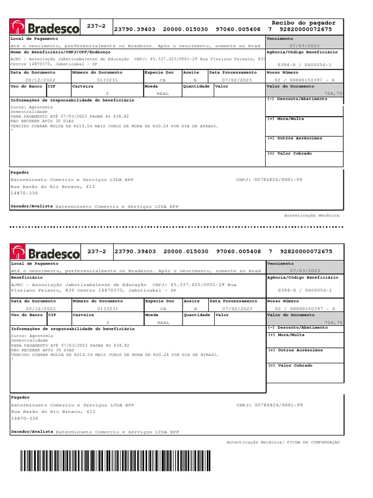 Boleto Faculdade 03-23 | PDF | Tecnologia bancária | Pagamentos