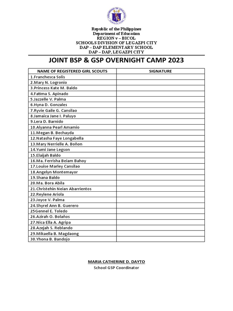 Registration List for Joint BSP & GSP Overnight Camp 2023 at Dap-Dap ...