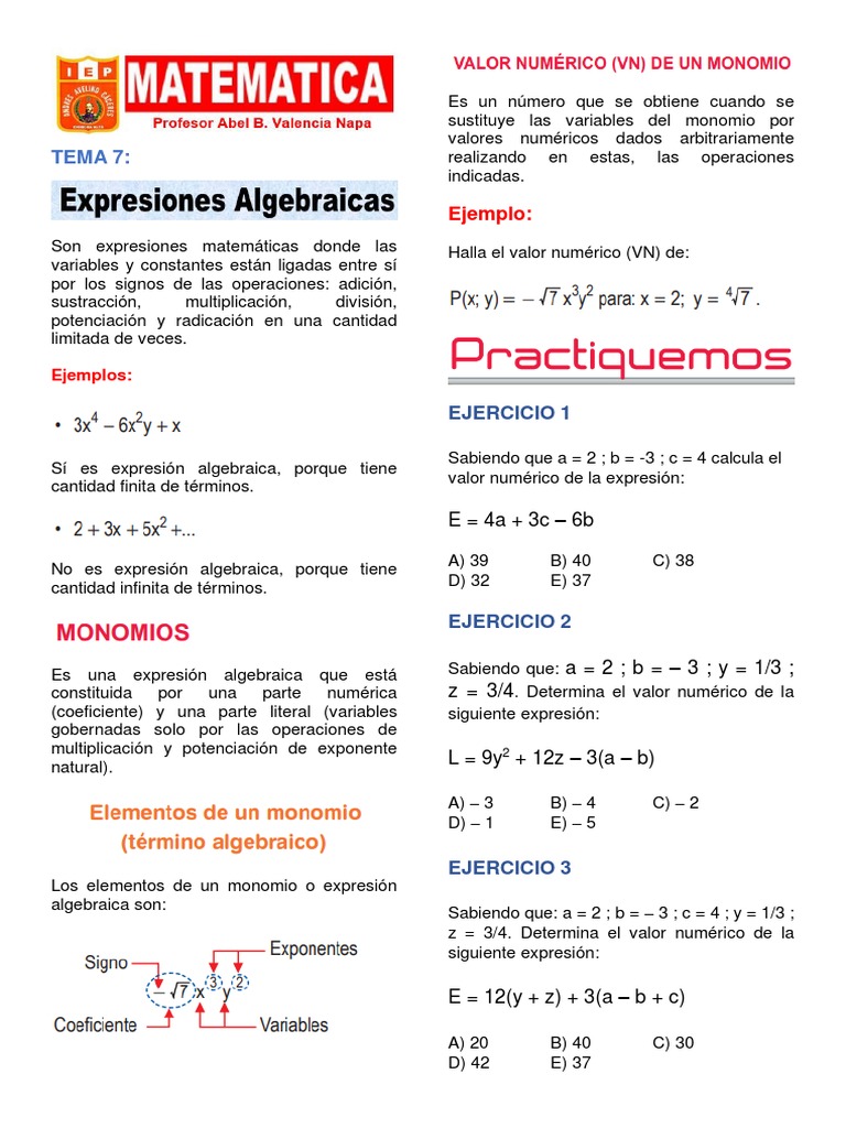 Tema 7 Expresiones Algebraicas | PDF