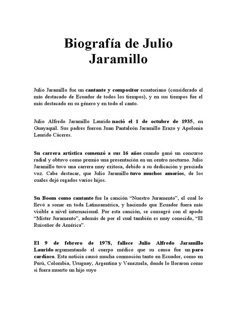 Biografía de Julio Jaramillo: Míster Juramento | PDF