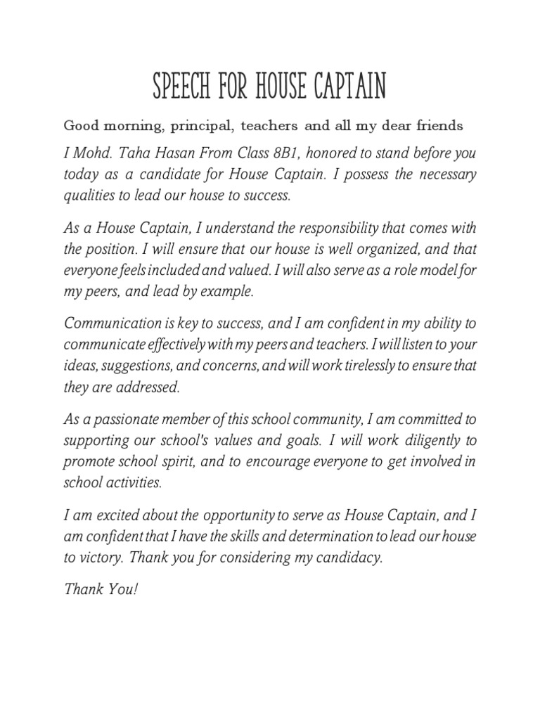 Speech For House Captain | PDF | Career & Growth