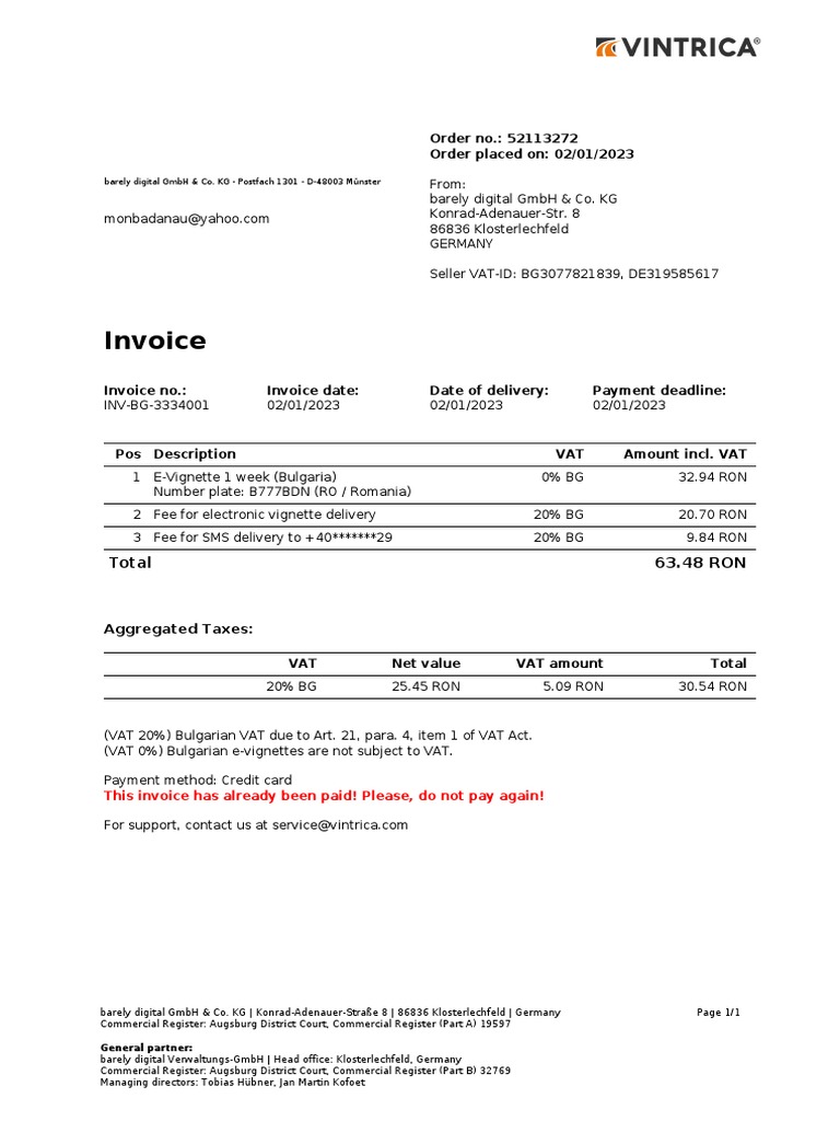 Invoice for Bulgarian E-Vignette | PDF | Value Added Tax | Invoice