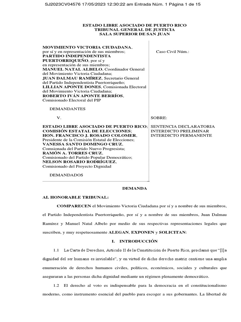 Demanda Codigo Electoral Filed | PDF | Puerto Rico | Elecciones