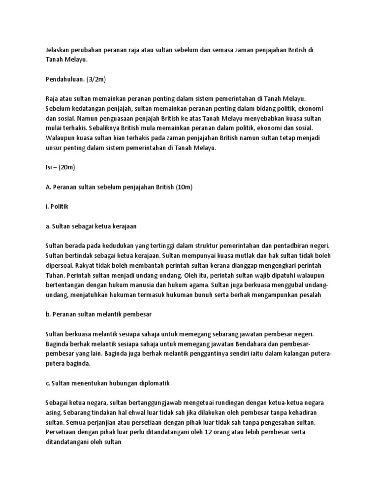 Perubahan Peranan Raja Atau Sultan Sebelum Dan Semasa Zaman Penjajahan ...