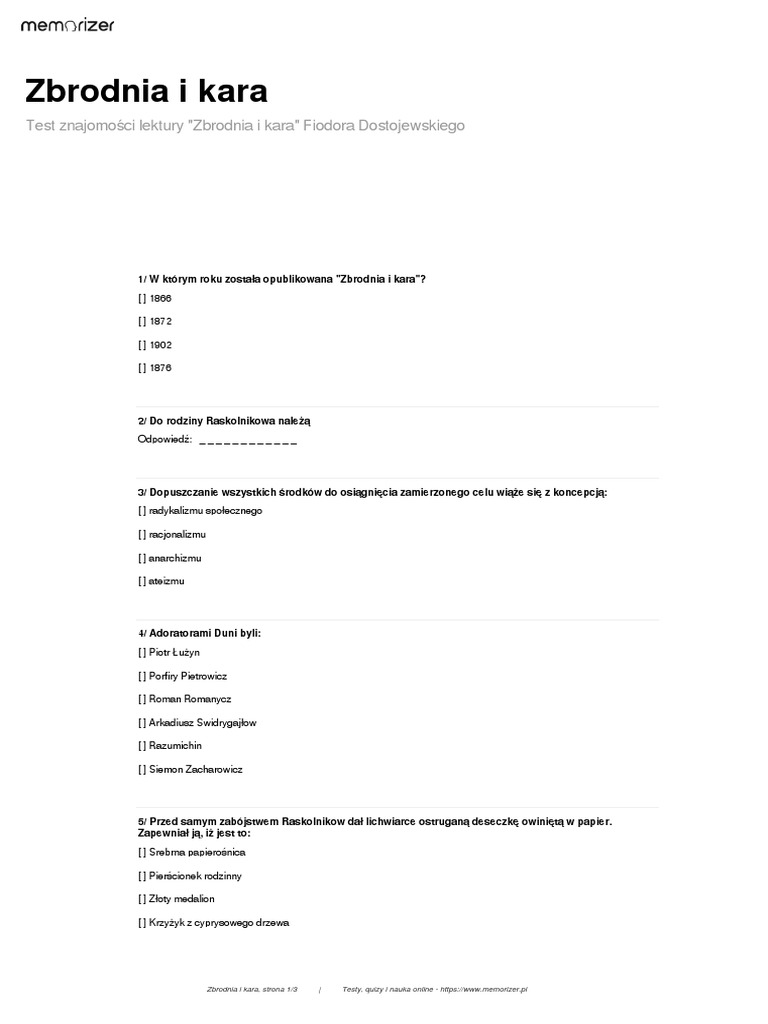 Zbrodnia I Kara - Sprawdzian 1 | PDF