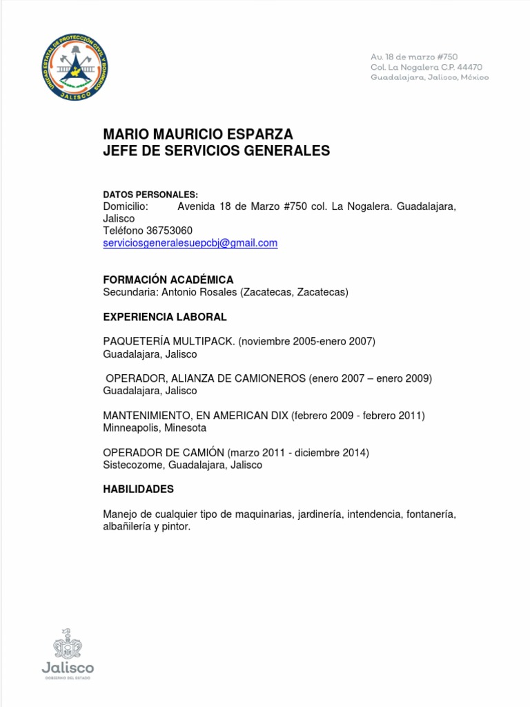 Ejemplo CV Jefe de Servicios Generales Mario Mauricio Esparza | PDF