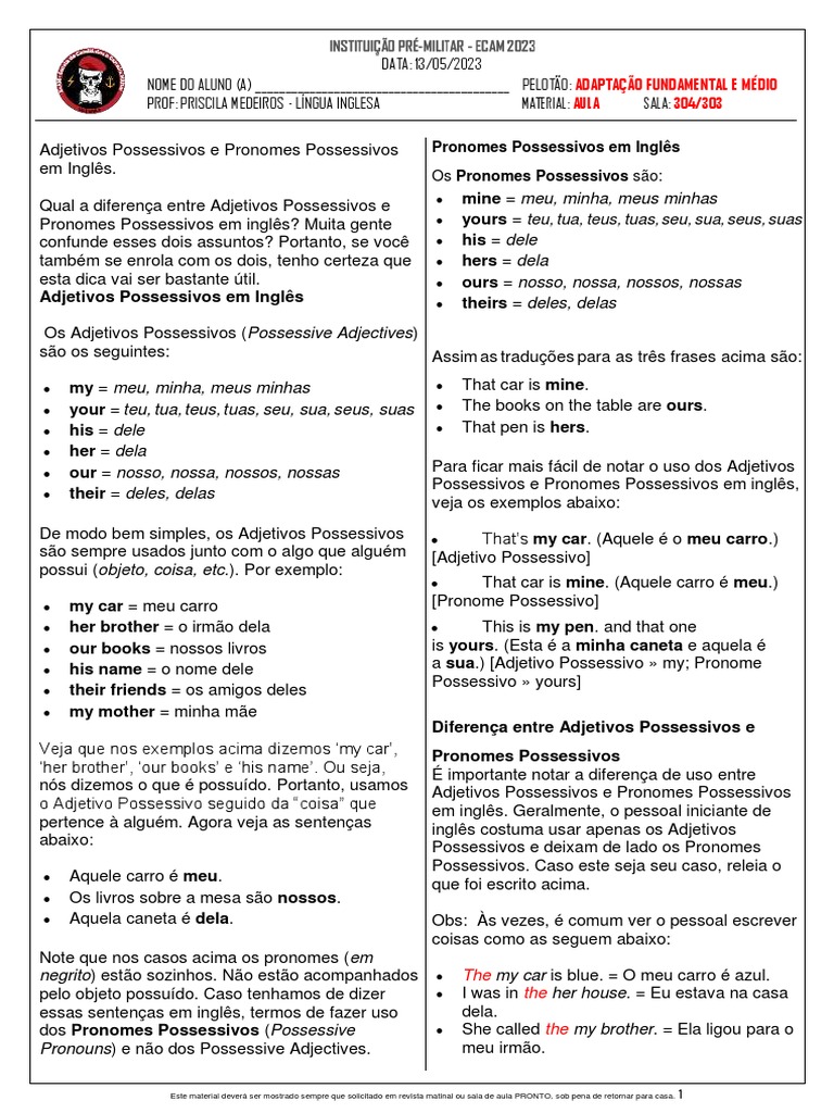 Adapta F M Ingles Priscila Mat Aula 13 06 2023 | PDF | Pronome | Língua ...