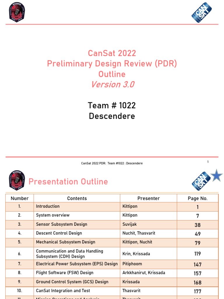 Cansat 2022 Preliminary Design Review (PDR) Outline: Team # 1022 Descendere | PDF | Parachute ...