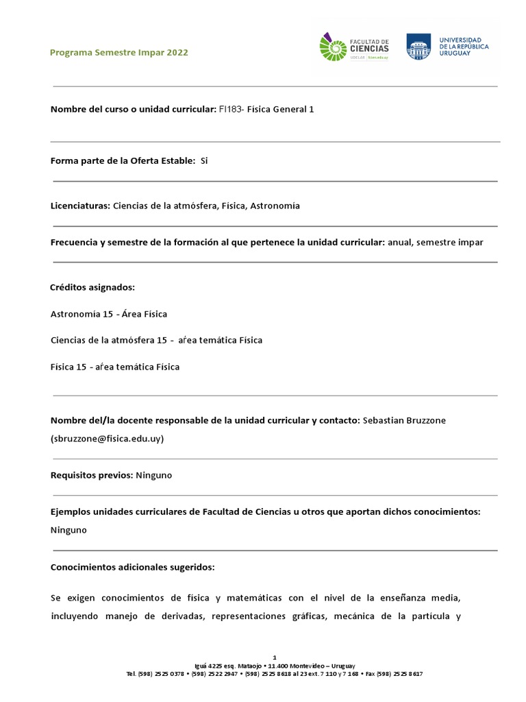 Física General 1: Curso Semestre Impar 2022 | PDF