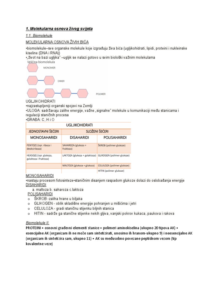 1. Molekularna Osnova Živog Svijeta-skripta | PDF