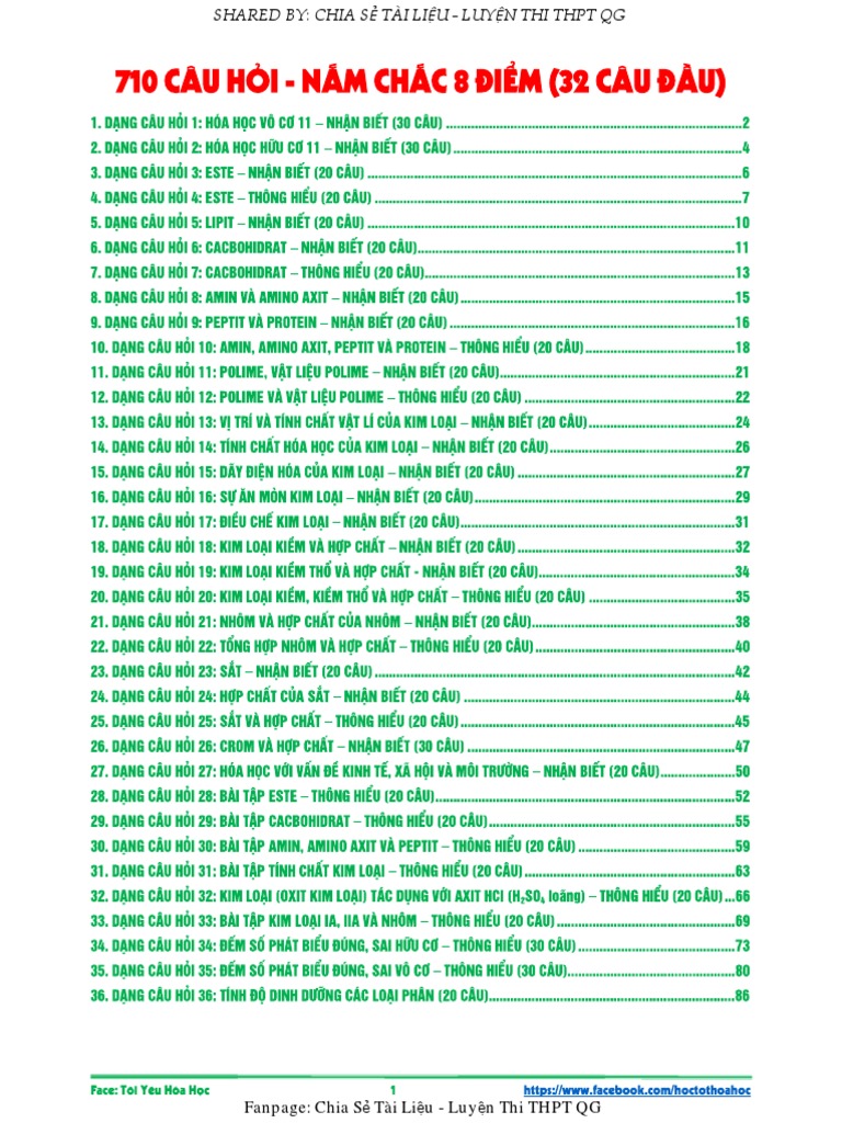 710 Câu Hỏi Nắm Chắc 8 Điểm Ở 32 Câu Đầu (Thầy Phạm Thắng TYHH) | PDF
