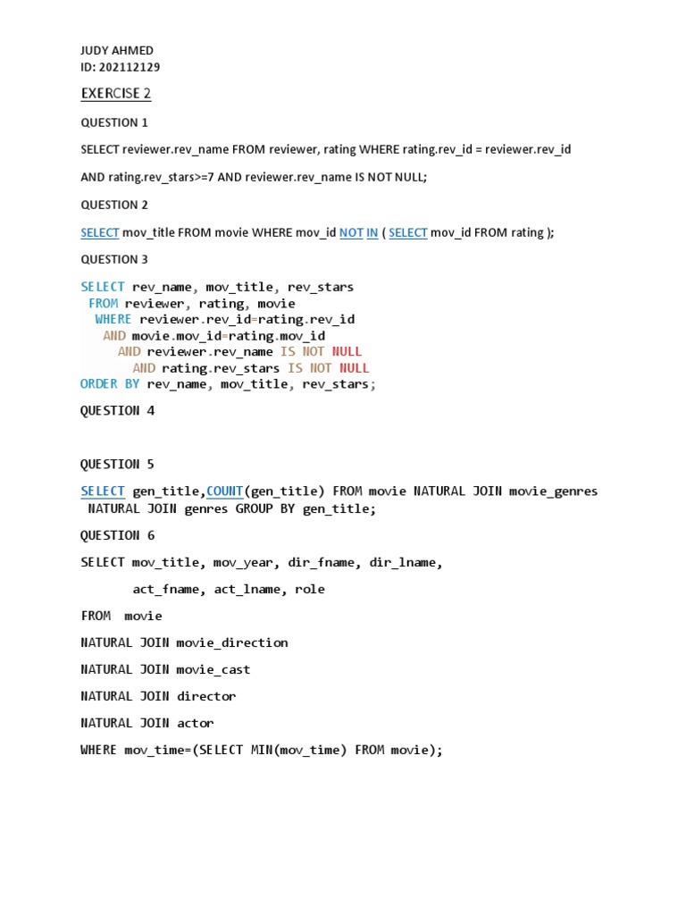 Judy Ahmed Exercise 2 SQL Questions | PDF