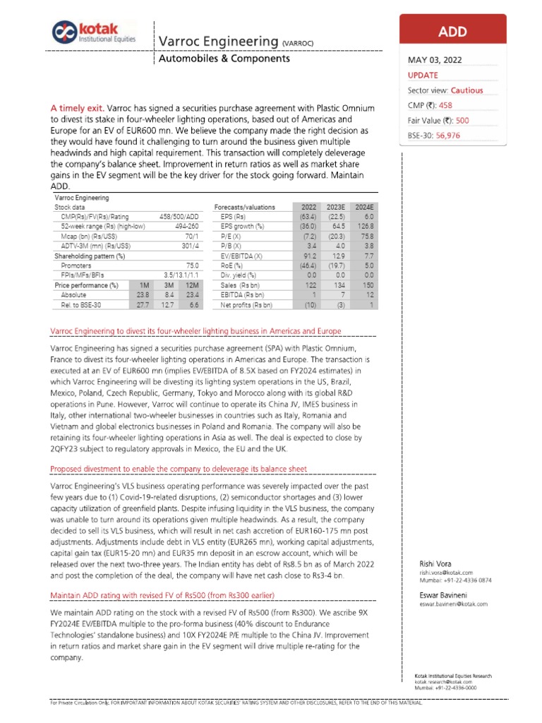 Varroc Engineering - Update - Kotak Institutional - 040522 | PDF
