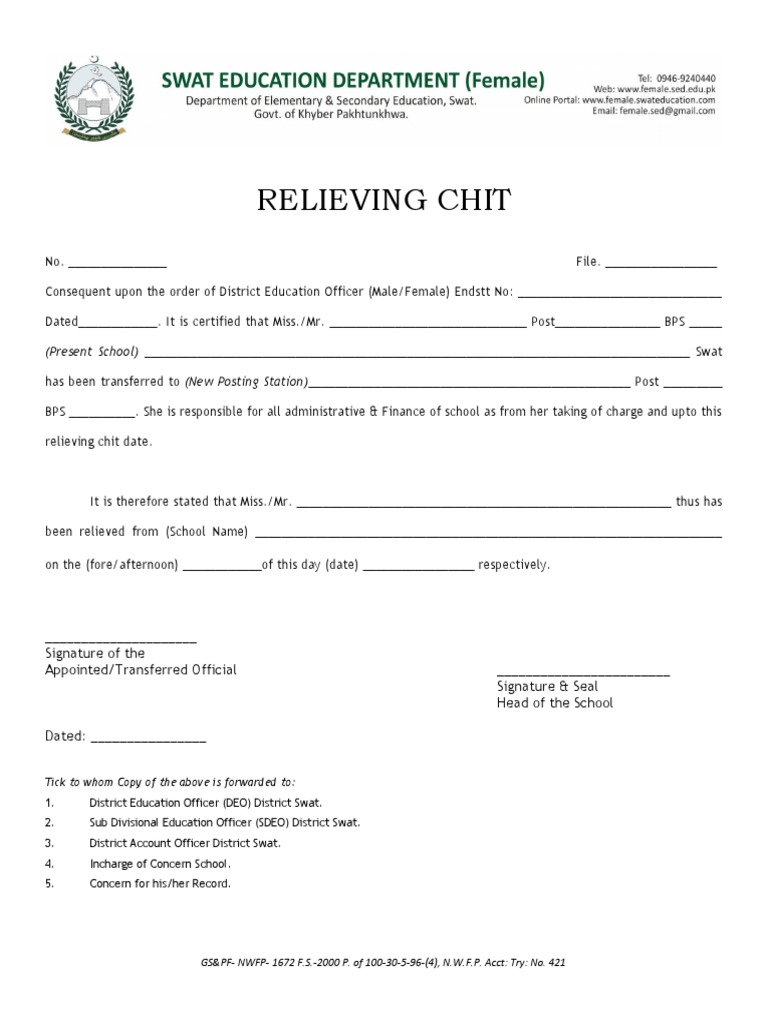 Transfer of Responsibilities: A Relieving Chit Documenting the Transfer of an Educational ...