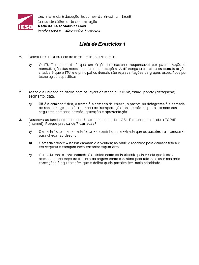 Lista de Exercícios 1 - Rede Telecom True | PDF | Rede de computadores | Protocolo de início de ...