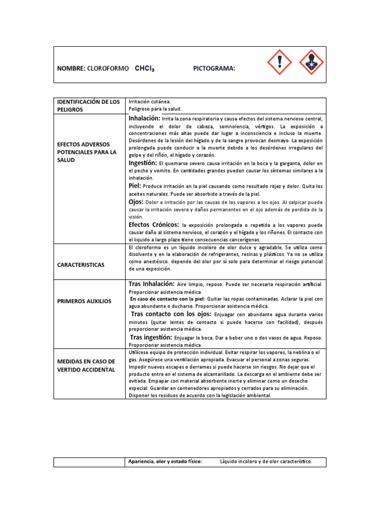 Cloroformo (Ficha de Seguridad) | Descargar gratis PDF | Cloroformo | Agua