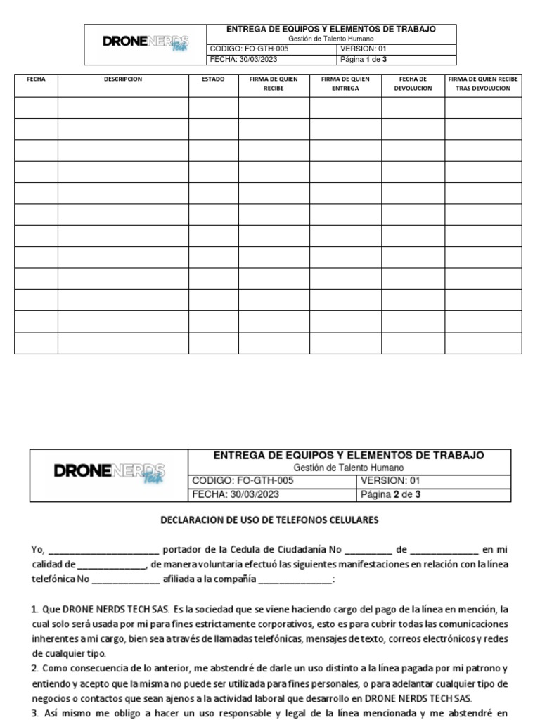 FORMATO ENTREGA DE EQUIPOS Y ELEMENTOS DE TRABAJO | PDF