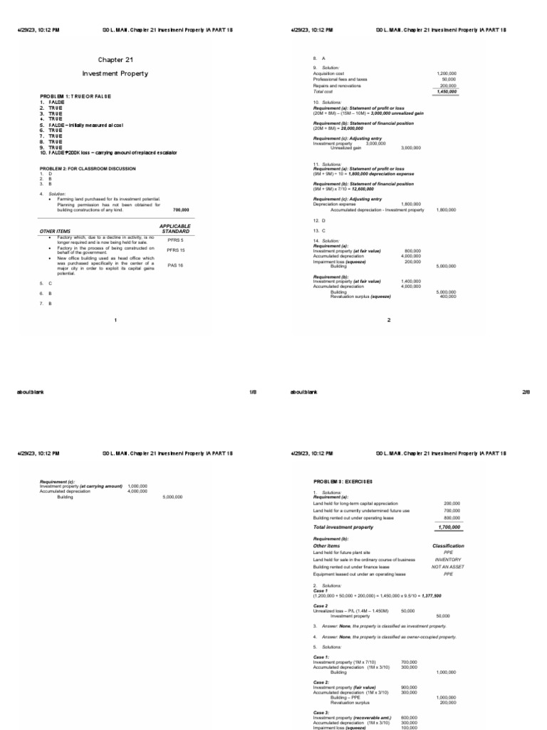 MILLAN SOL. MAN. Chapter 21 Investment Property IA PART 1B | PDF | Depreciation | Investing