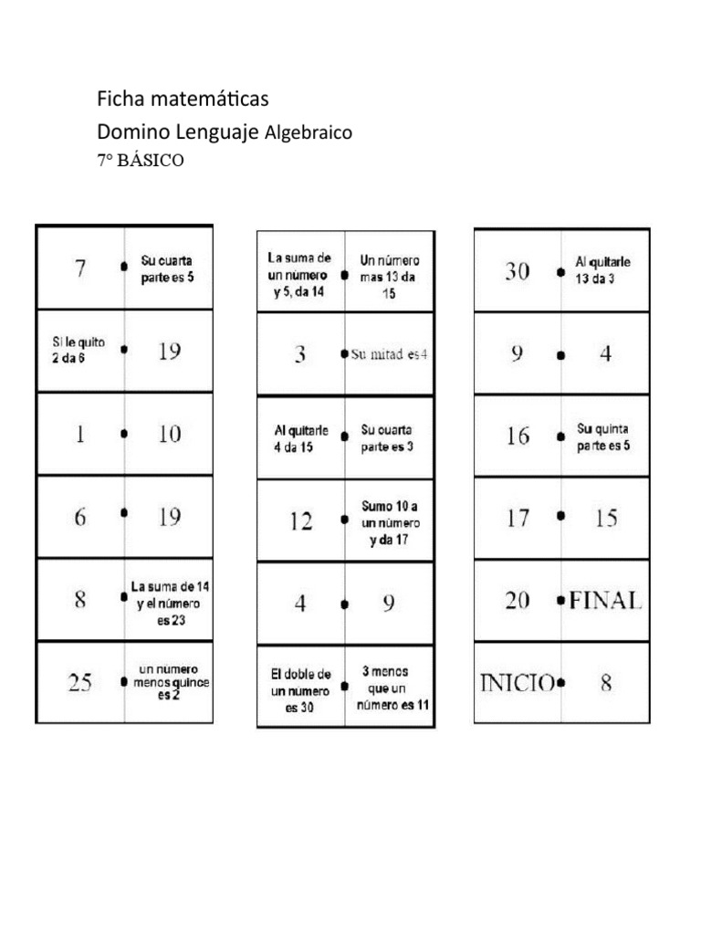 Dominó de Lenguaje Algebraico 7° Básico | PDF