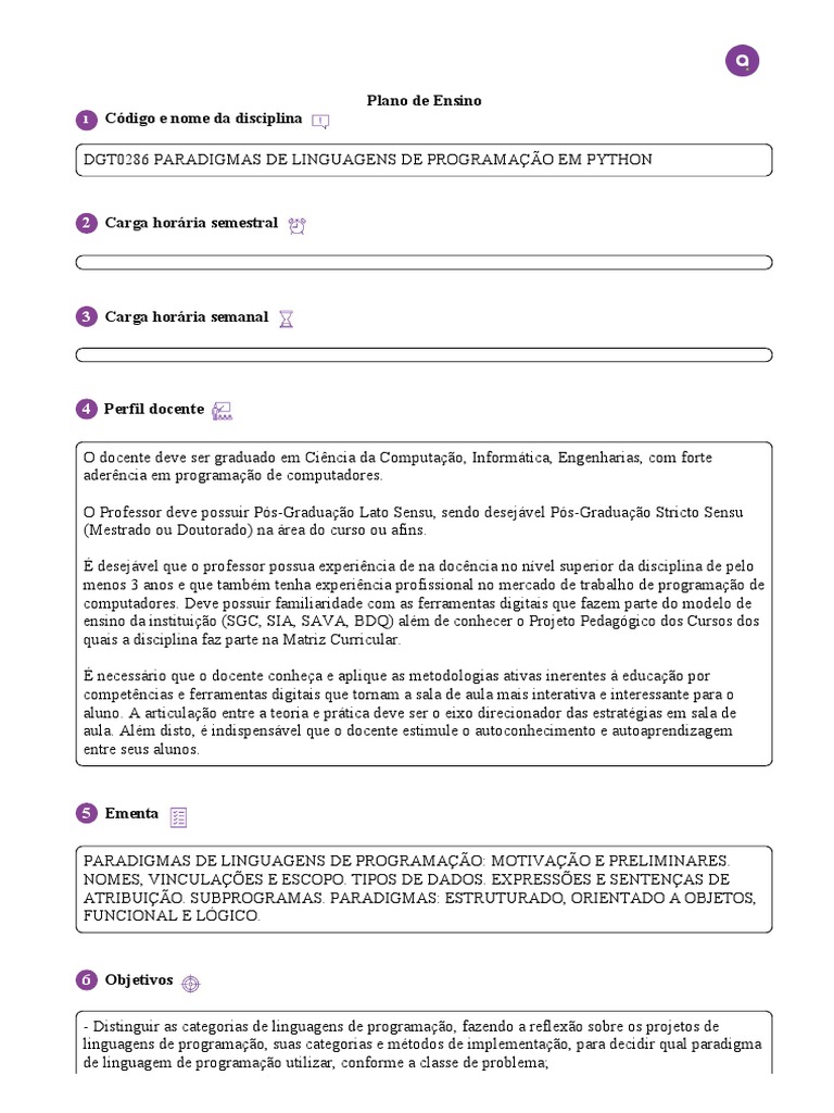 Plano de Ensino para a Disciplina "Paradigmas de Linguagens de ...
