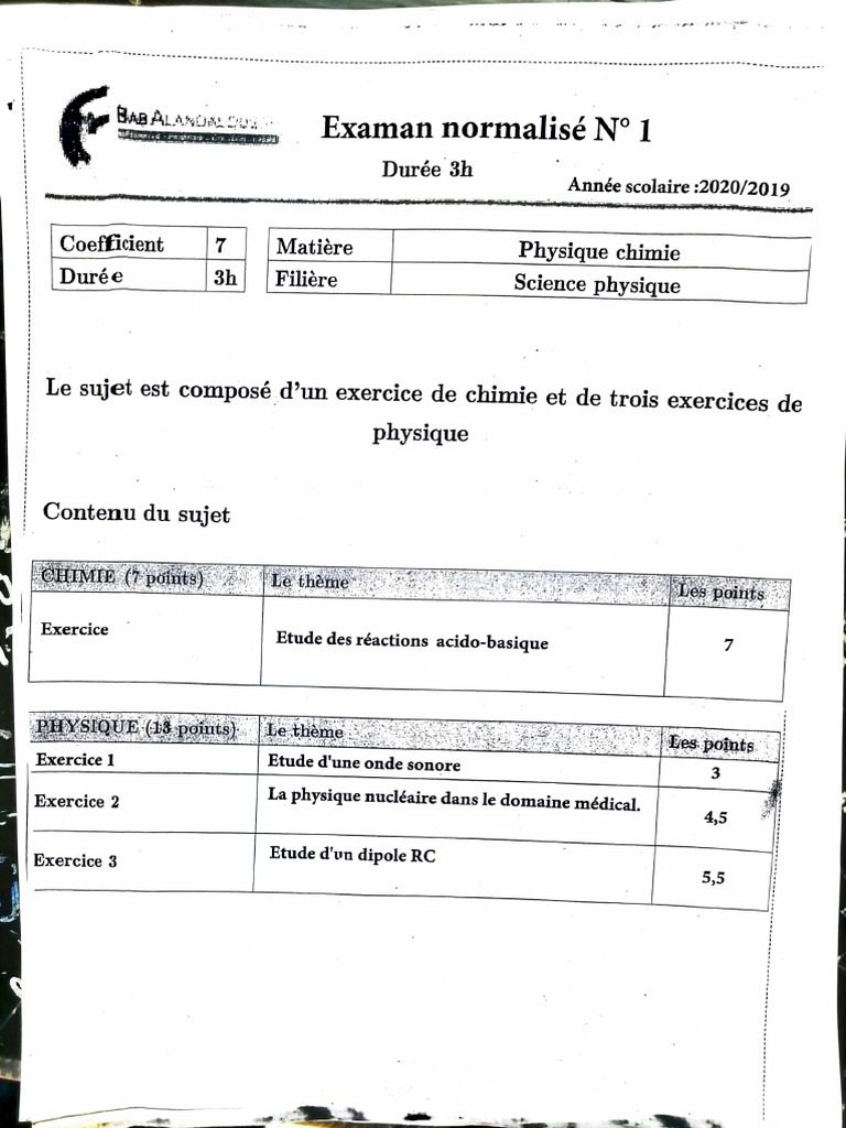 Examen Blanc N1 2BAC PC BIOF | PDF