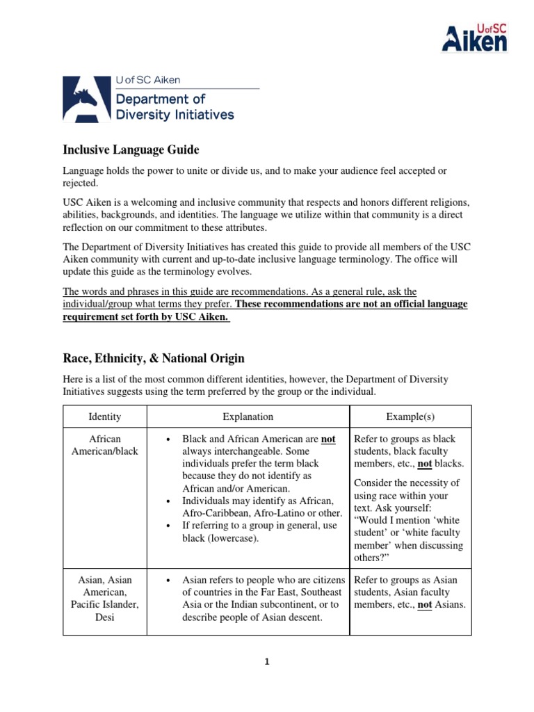 USC Aiken Inclusive Language Guide | PDF