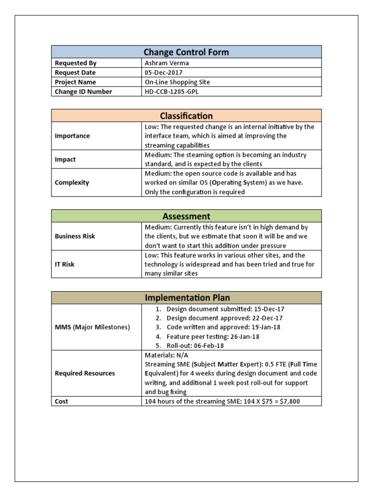 ITIL Change Control Form Template | PDF | Streaming Media | Computing