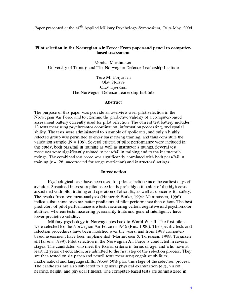 Pilot Selection in The Norwegian Air For | PDF