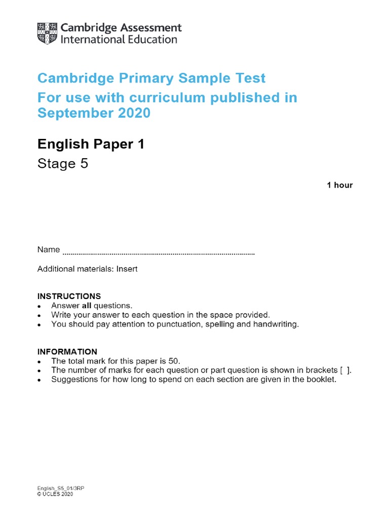 English Stage 5 Sample Paper 1 Tcm142-594886 | PDF