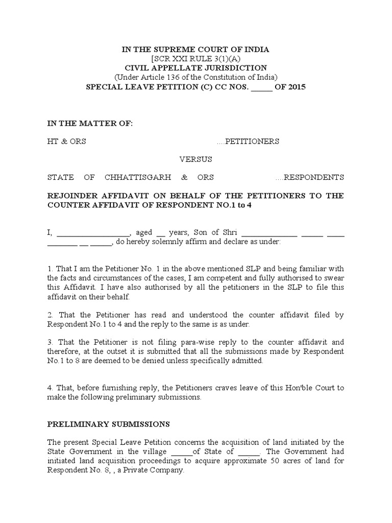 Format of Rejoinder Affidavit Against Counter Affidavit in Supreme ...