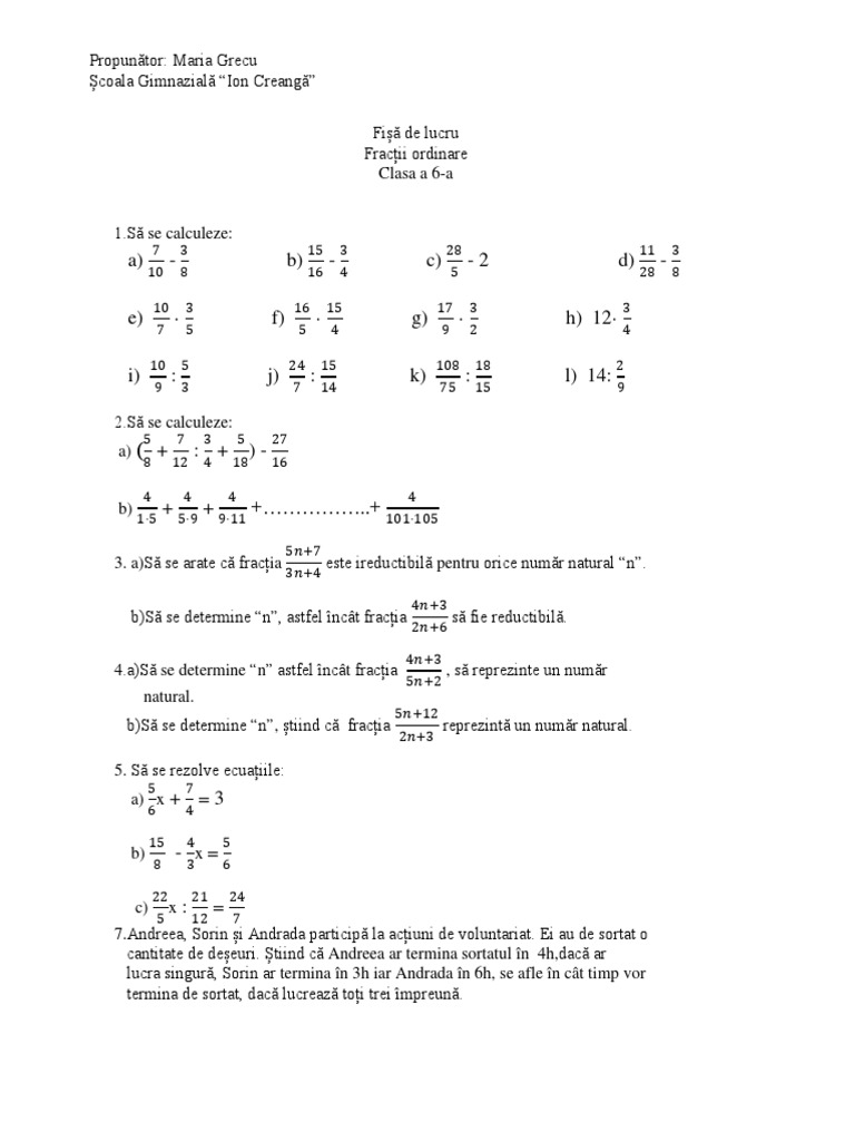 Fractii Ordinare Fisa de Lucru | PDF
