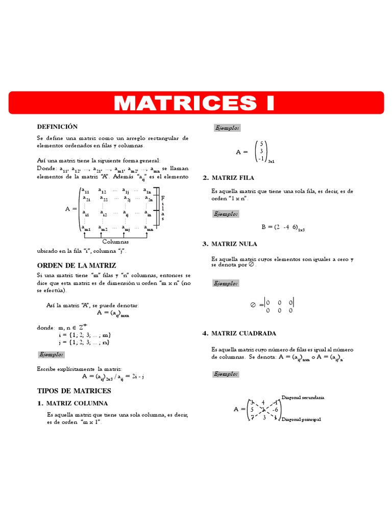Ejercicios-de-Matrices-I-para-Quinto-Grado-de-Secundaria | PDF