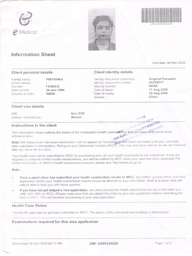 Proof of Upfront Medical Exam - Priyanka, 04-06-1998 | PDF