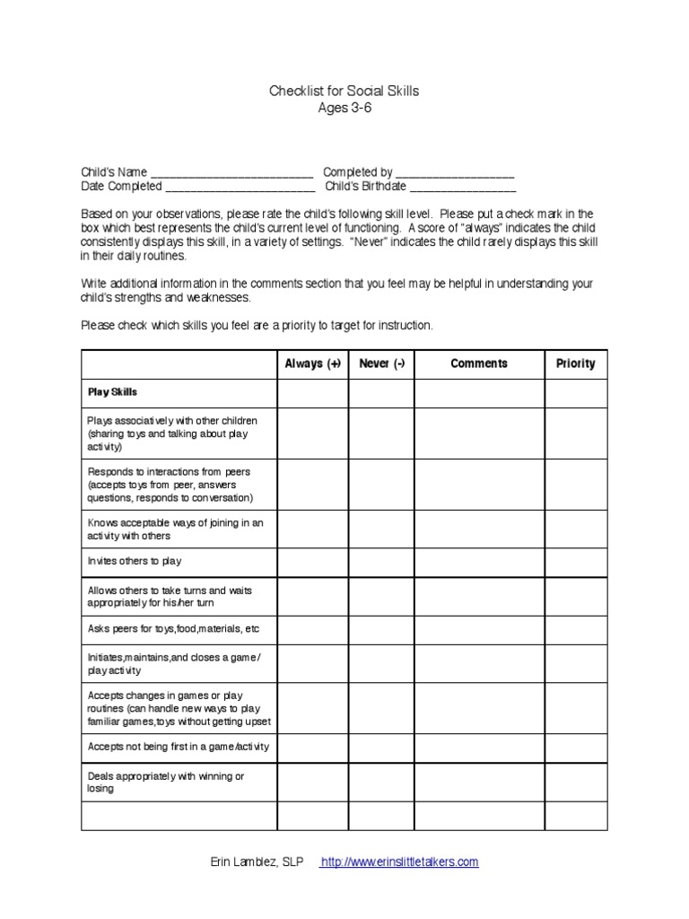 Social Skills Checklist | PDF | Conversation | Emotions