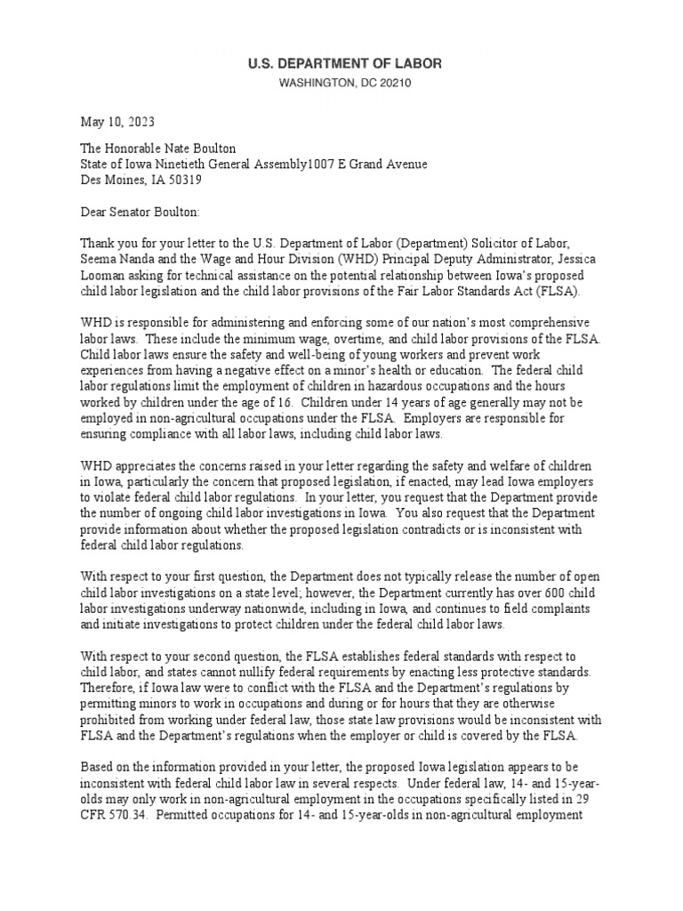 DOL Child Labor Law Response | PDF | Labour Law | Child Labour