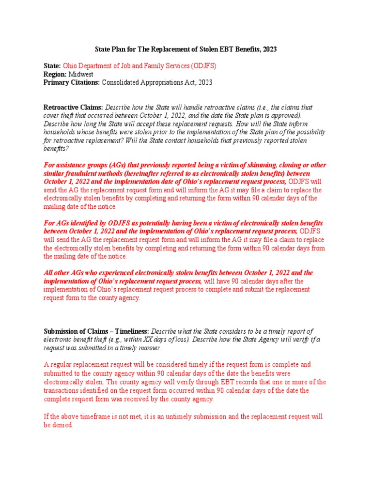 Ohio EBT Benefits Theft Replacement Plan | PDF | Finance & Money Management
