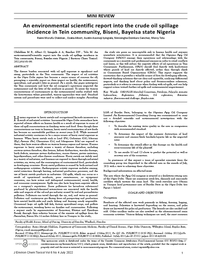 An Environmental Scientific Report Into The Crude Oil Spillage ...