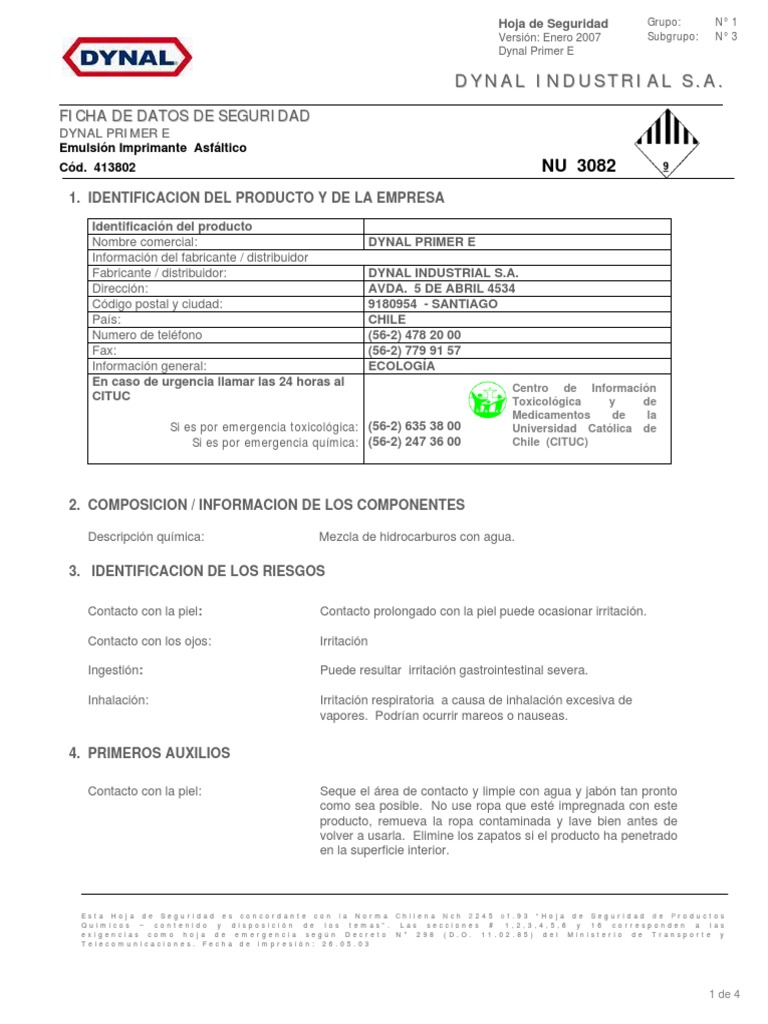 Hoja de Seguridad Dynal Primer E | PDF