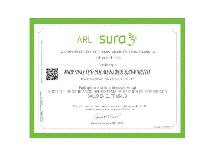Certificado Modulo 1 - Organizacion Del Sistema de Gestion de Seguridad y Salud en El Trabajo | PDF