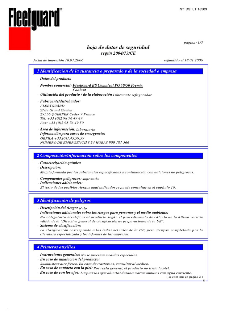 HDS Refrigerante Es Compleat Fleetguard | PDF | Química | Ciencias fisicas