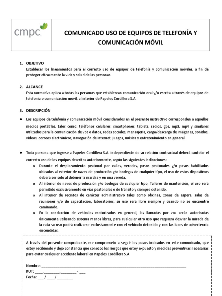 Comunicado Uso de Equipos de Telefonia y Comunicación Móvil | PDF