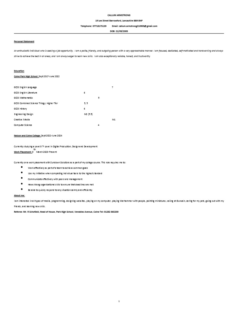 CV Callum Armstrong 1 | PDF