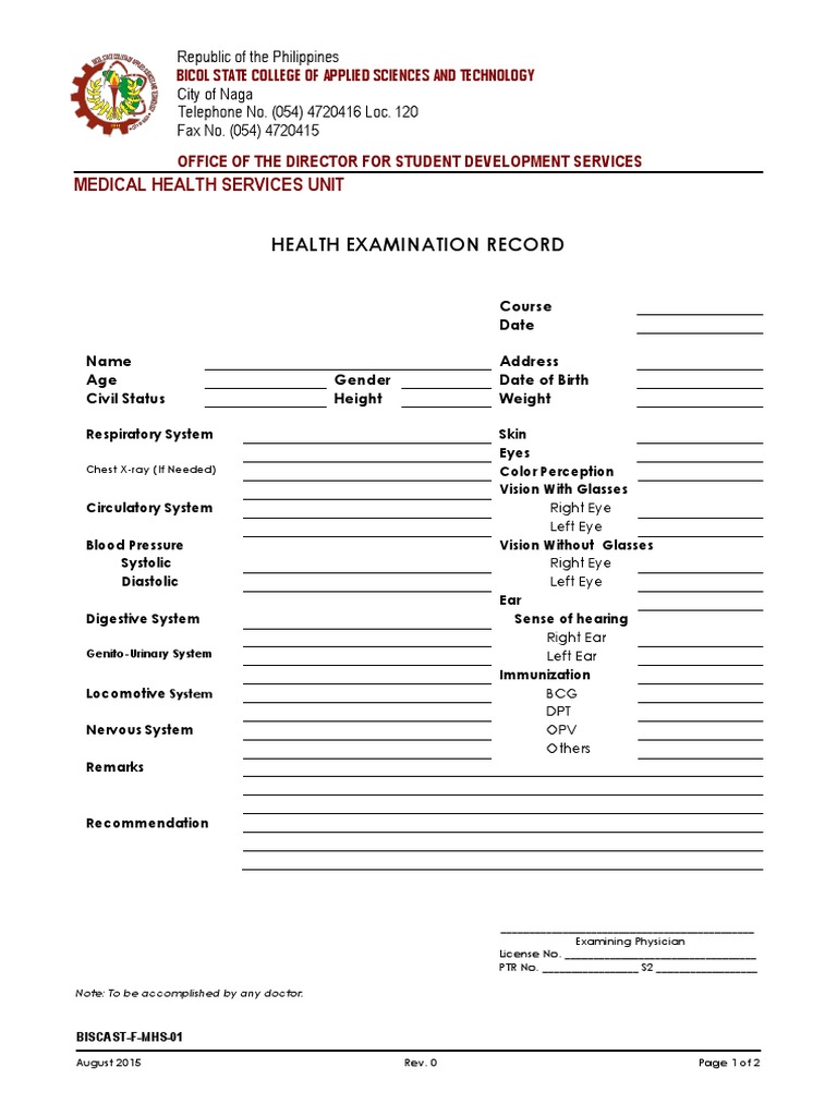 Health Examination Record Form | PDF | Blood Pressure | Public Health