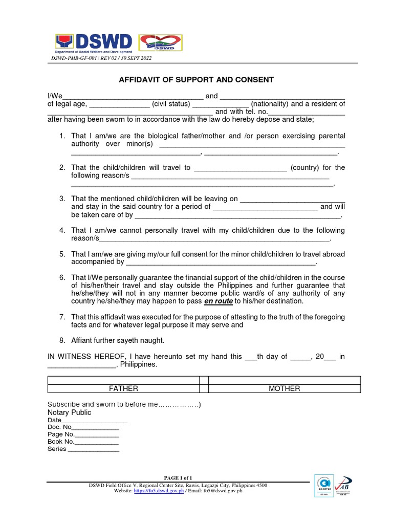 DSWD-PMB-GF-001 - REV 02 - Affidavit of Support and Consent | PDF ...