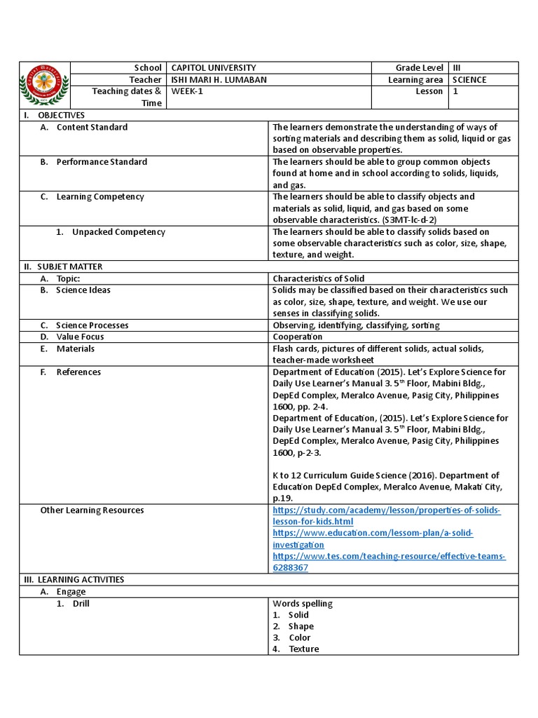 Characteristics of Solids for Grade 3 | PDF