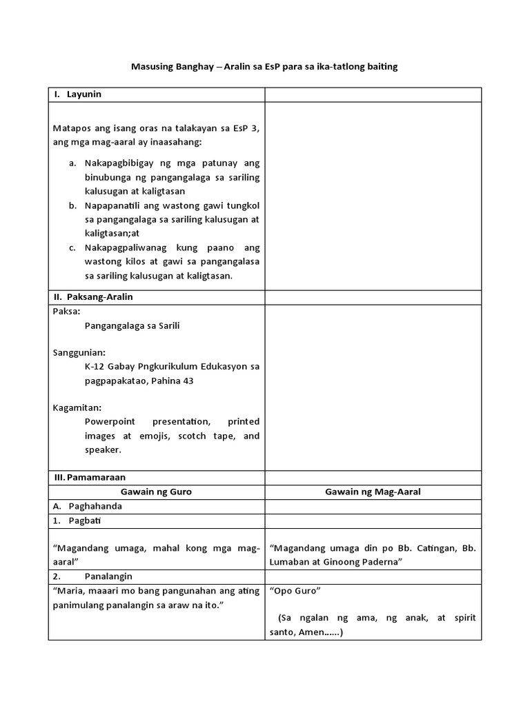 Pangagalaga Sa Sarili Lesson Plan EsP | PDF