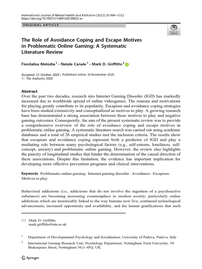 1 The Role of Avoidance Coping and Escape Motives in Problematic Online ...