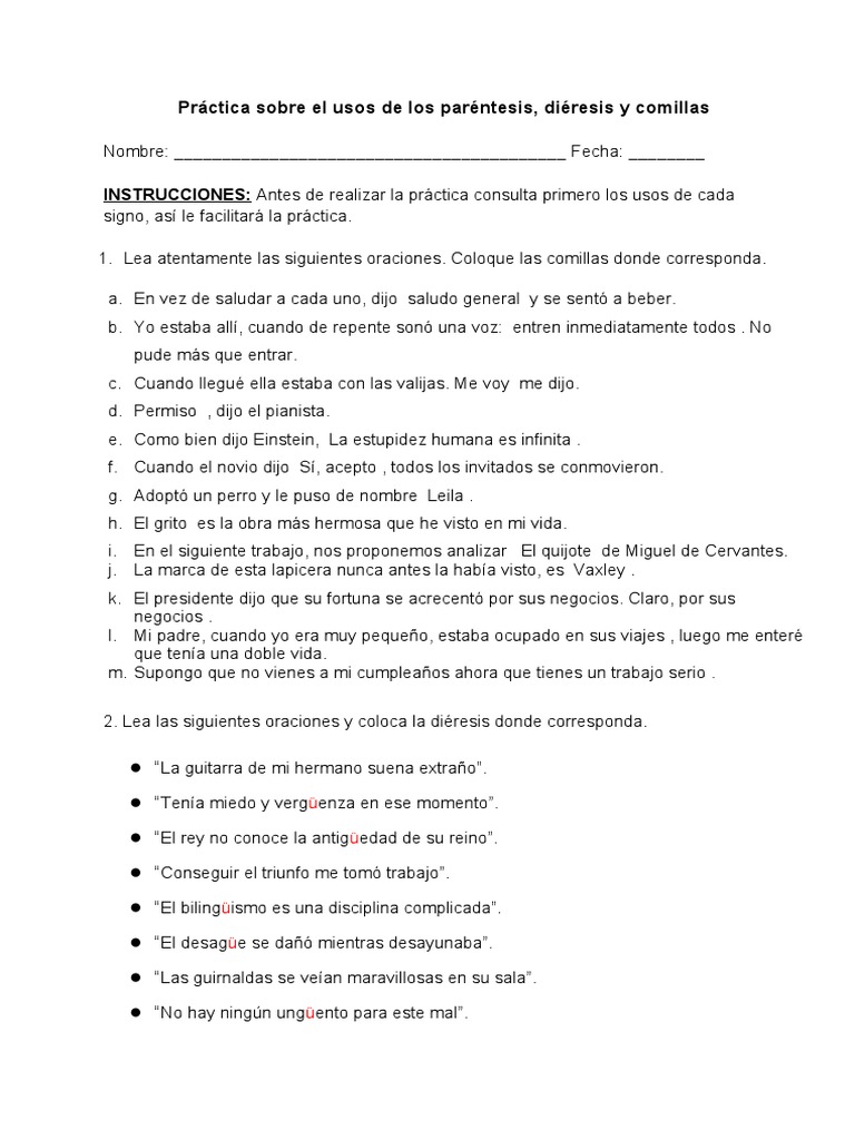 Práctica Sobre El Usos de Los Paréntesis, Diéresis y Comillas | PDF