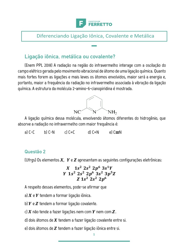 Ligação Iônica, Metálica Ou Covalente? | PDF | Ligação química ...
