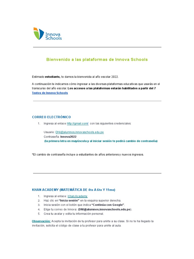 Acceso A Las Plataformas de Innova Schools | PDF